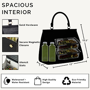 Modern Picnic Vegan Leather Lunch Bag for Women, Cooler Lunch Bag for Girls, Easily Wipeable, Adjustable Shoulder Strap, Women’s Lunch Bags for Work/Office/Outdoor, Black As Seen on Shark Tank