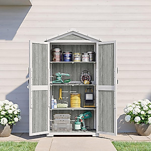 BELLEZE Outdoor Storage Cabinet with 4 Removeable Shelves, Wooden Garden Tall Storage Shed Lockable Tool Storage Cabinet with Waterproof Roof, Outside Tool Shed for Patio Lawn Yard Backyard - Gray