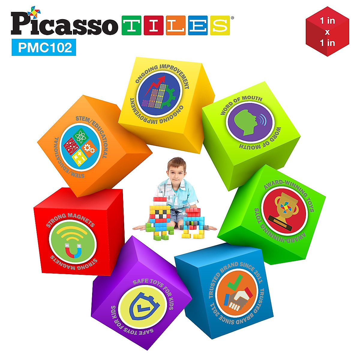 Picasso Cubes Kids Pixel 1” Magnetic Puzzle Cube 102 Piece Mix & Match with FREE Idea Book Sensory Toys STEAM Education Learning Building Block Magnets Construction ToySet Stacking Magnet Creative Kit