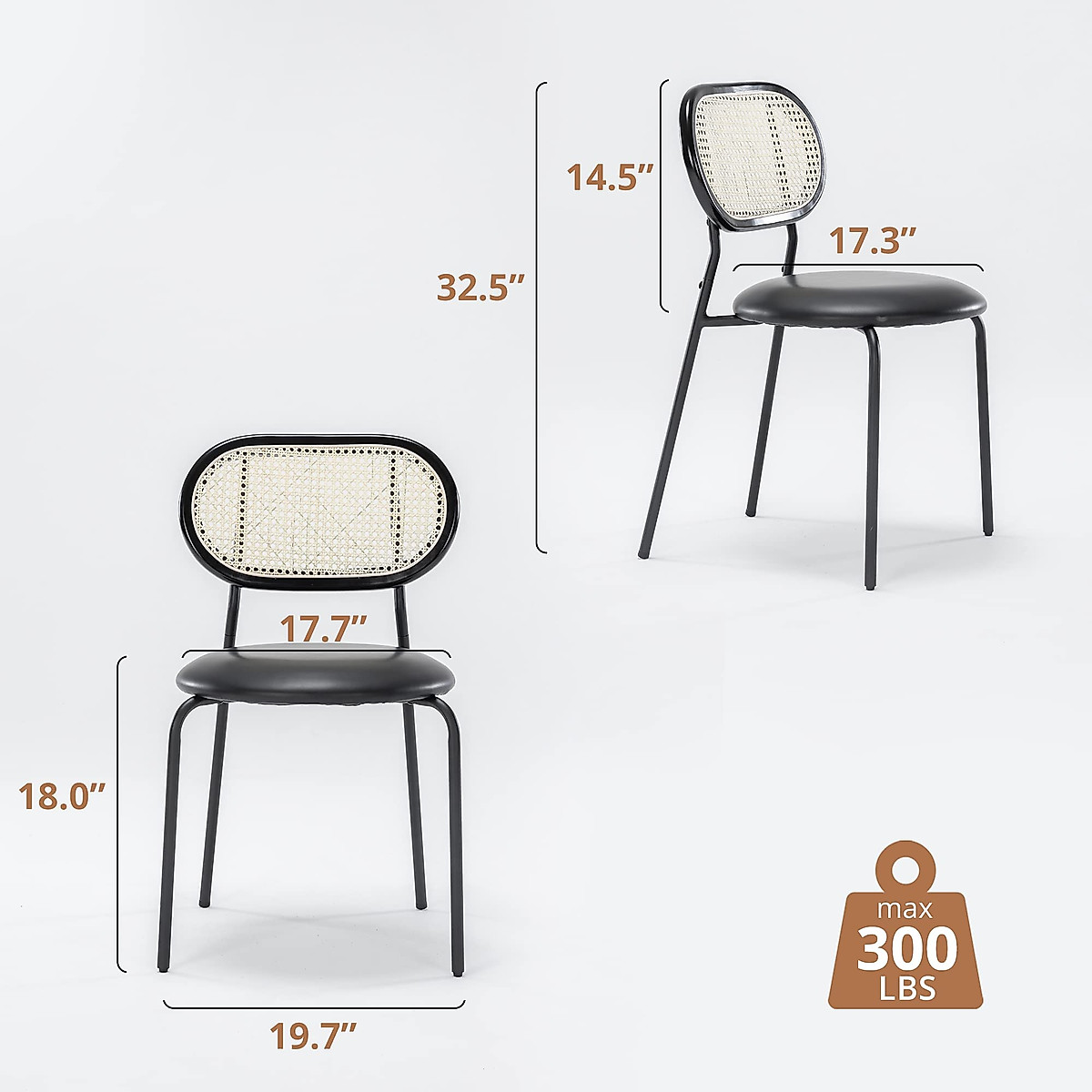 Centiar Velvet Faux Leather Dining Chair Set of 4,Rattan and Wood Backrest with Metal Legs,Modern Mid-Century Industrial Upholstered Round seat Chairs Suitable for Home,Bistro Coffee Shops,18",Black