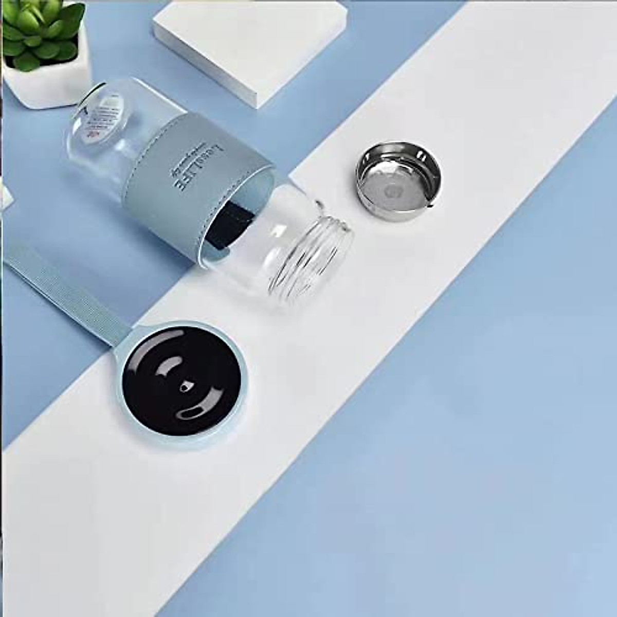 Snminetal Borosilicate Glass Water bottle，Bubble flower tea bottle,With sealing cap and Holsters，Portable Glass Bottle 16oz,Suitable for office, Car, home,as a gift, etc(Pink)