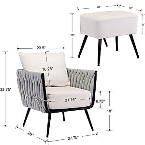 LukeAlon Velvet Accent Chair with Ottoman Set, Linen Weaved Back Living Room Chair with Metal Legs Upholstered Reading Chair with Armrest for Study Room Reception Room, Grey & Beige