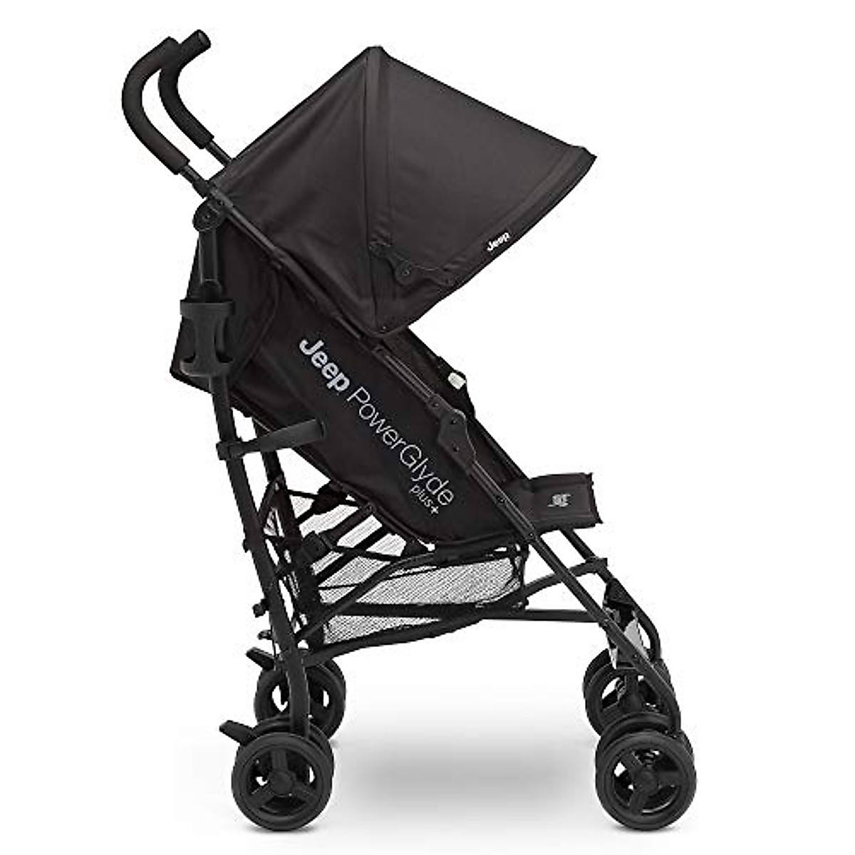 Jeep PowerGlyde Plus Stroller by Delta Children - Lightweight Travel Stroller with Smoothest Ride, Aluminum Frame, 4-Position Recline, Extra Large Storage Basket, Black