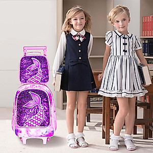 gxtvo Rolling Backpack for Girls, Roller Wheels Kids Bookbag - Wheeled Suitcase Elementary Sequin School Bag - 3PCS Mermaid