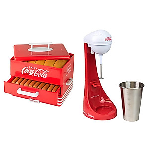 Nostalgia Extra Large Diner-Style Coca-Cola Hot Dog Steamer and Bun Warmer (24 Hot Dog and 12 Bun Capacity) and Nostalgia Two-Speed Electric Coca-Cola Limited Edition Milkshake Maker and Drink Mixer