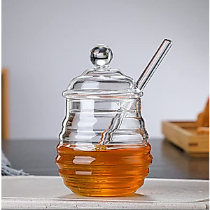 10 OZ Transparent Honey Jar with Dipper and Lid Glass Beehive Style Honey Pot for Home Kitchen Store Honey and Syrup