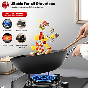 WANGYUANJI Carbon Steel Wok Pan, 12" Woks and Stir Fry Pans with Lid,No Chemical Coated Iron Wok for Induction, Electric, Gas, Halogen All Stoves-Practical Gift Iron Wok