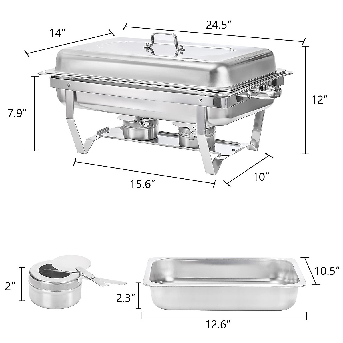 Fasmov Chafing Dish Buffet Set, 8 Quart Stainless Steel Catering Serve Chafer, Restaurant Food Warmer, Rectangular Buffet Stove with 2 Half Size Food Pans and Folding Frame