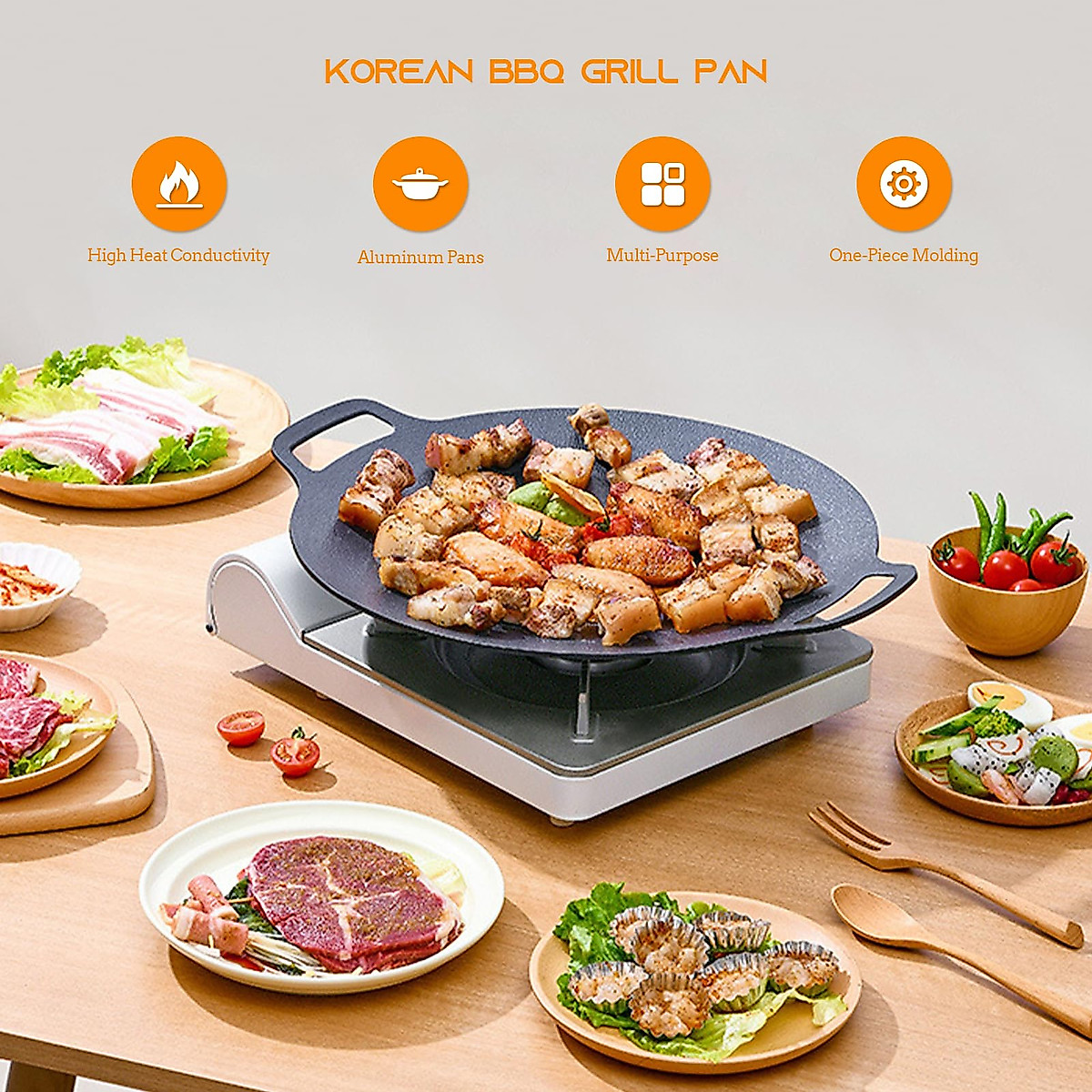 Korean BBQ Grill Pan, Aluminum Non Stick Korean Grill Pan, High Heat Conductivity Griddle Pan for Barbecue, Camping and Other Outdoor Activities (30cm)