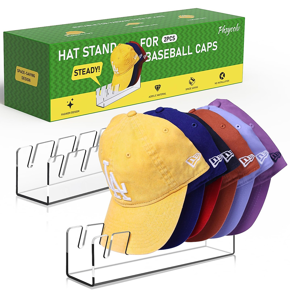 Phsycolv 2024 New Hat Stand for Baseball Caps Display and Organizer, No Install Acrylic Hat Holder for 14 Baseball Caps for Bedroom, Closet, Dresser (2PCS), Unique Gift for Hat lovers
