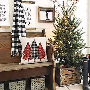 GEEORY Christmas Pillow Covers 18x18 Set of 4 for Xmas Decorations Buffalo Plaid Check Christmas Tree Joy Snow Pillow Cases Winter Holiday Throw Pillows Farmhouse Decor for Couch