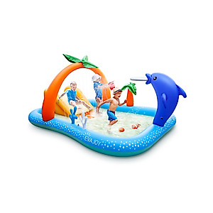 Kiddie Pool,Evajoy Inflatable Play Center Kiddie Pool with Slide, Wading Lounge Kids Pool, Coconut Palm Sprinkler, Ball Toss Game for Toddler, Kid Children, Garden Backyard Water Park, 95''x75''x40''