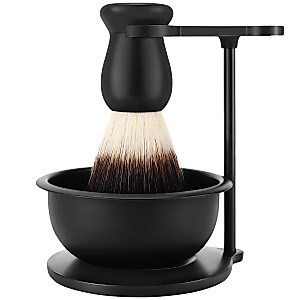 PerPro Matte Black Heavyweight Base Shaving Stand with Shave Soap Bowl and Soft Nylon Shaving Brush with Anti-skid Handle Compatible with Most Safety Razors, Men's Grooming Kit for Gent Mens
