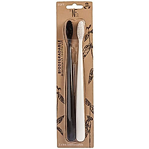 The Natural Family Co. Bio Toothbrush, Soft Nylon Bristles with Non GMO Cornstarch Handles, Plastic Free Packaging and Ivory Desert and Pirate Black Twin Pack