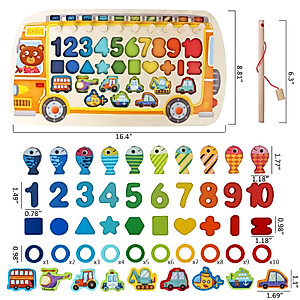 Busy School Bus Learning Montessori Toys for Preschool Toddlers, Puzzles, Math Games, Numbers, Shapes Classifiers, Counting, Stacking and Fishing, Activity Gifts for Boys and Girls of 3 to 5 Years