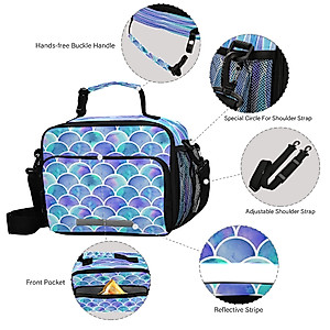 ZOEO Girls Mermaid Lunch Box Royal Blue Fish Scales School Kids Lunch Bag for Women Teens Snacks Insulated Cooler Tote Ice Pack Freezable, Fits Bento Boxes, External Bottle Holder