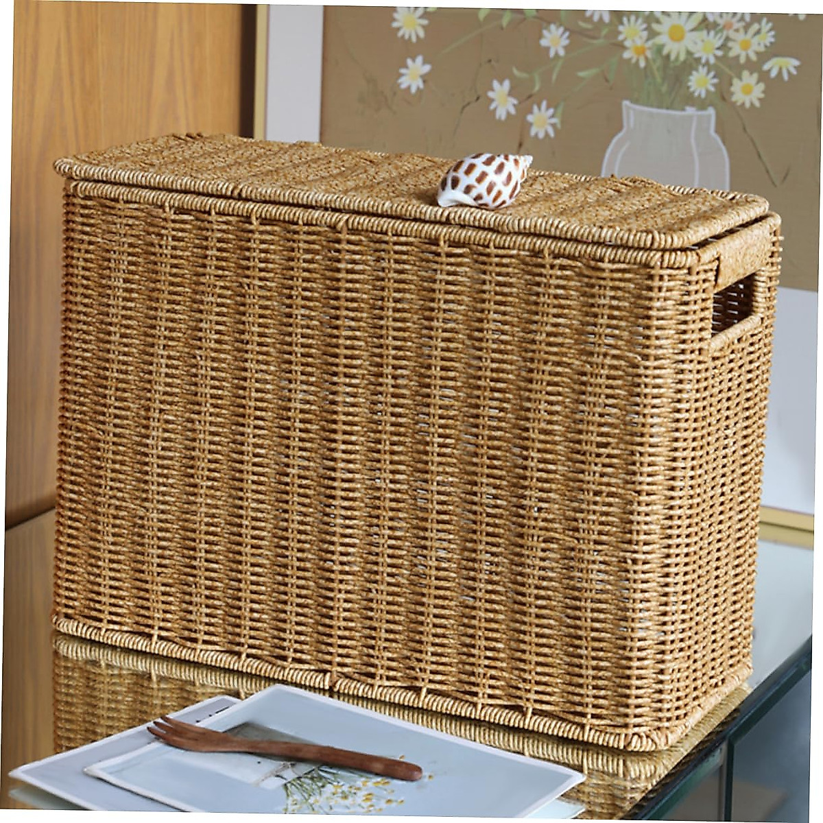 FONDOTIN Magazine Basket with Lid Woven Storage Basket Decorative Wall Corner Sofa Edge Container