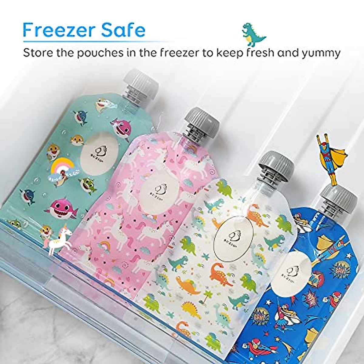 BUZIO Reusable Food Pouches, 12 Packs 5oz Toddlers Food Storage Pouch, Double Zipper Squeeze Pouches Freezer Safe for Kids DIY Homemade Organic Puree