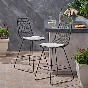 GDFStudio Outdoor Counter Stools, 26" Seats, Modern, Geometric, Black Iron Frames with Ivory Cushion (Set of 2)