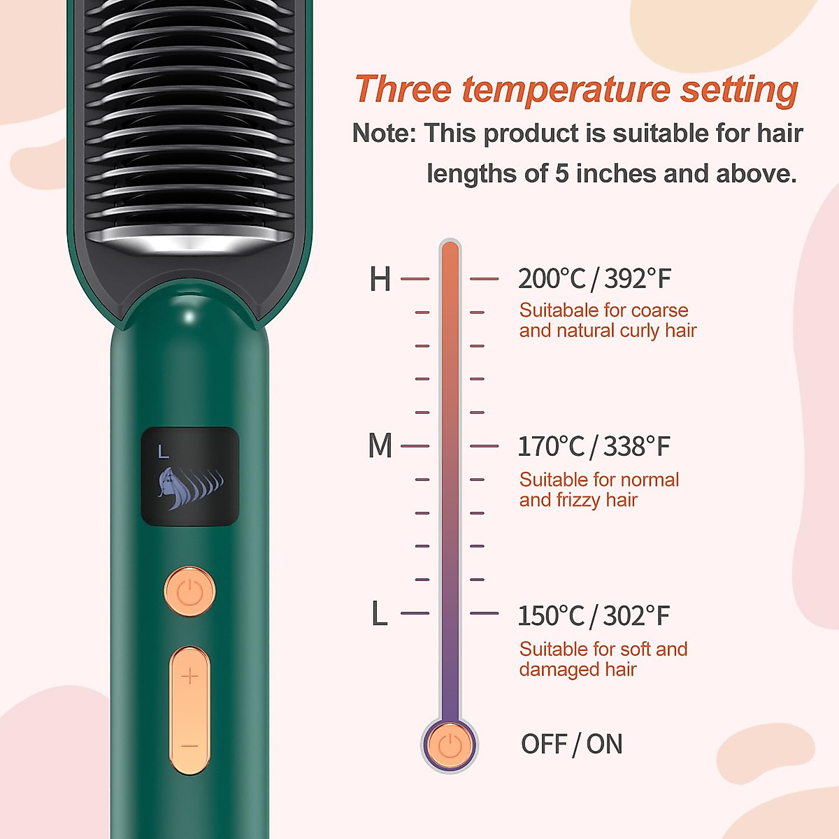 Hair Straightener Brush, Ring Hair Straightener Comb Straightening Brush with Anti-Scald & LED Screen, Suitable for Hair Lengths of 5 inches and Above