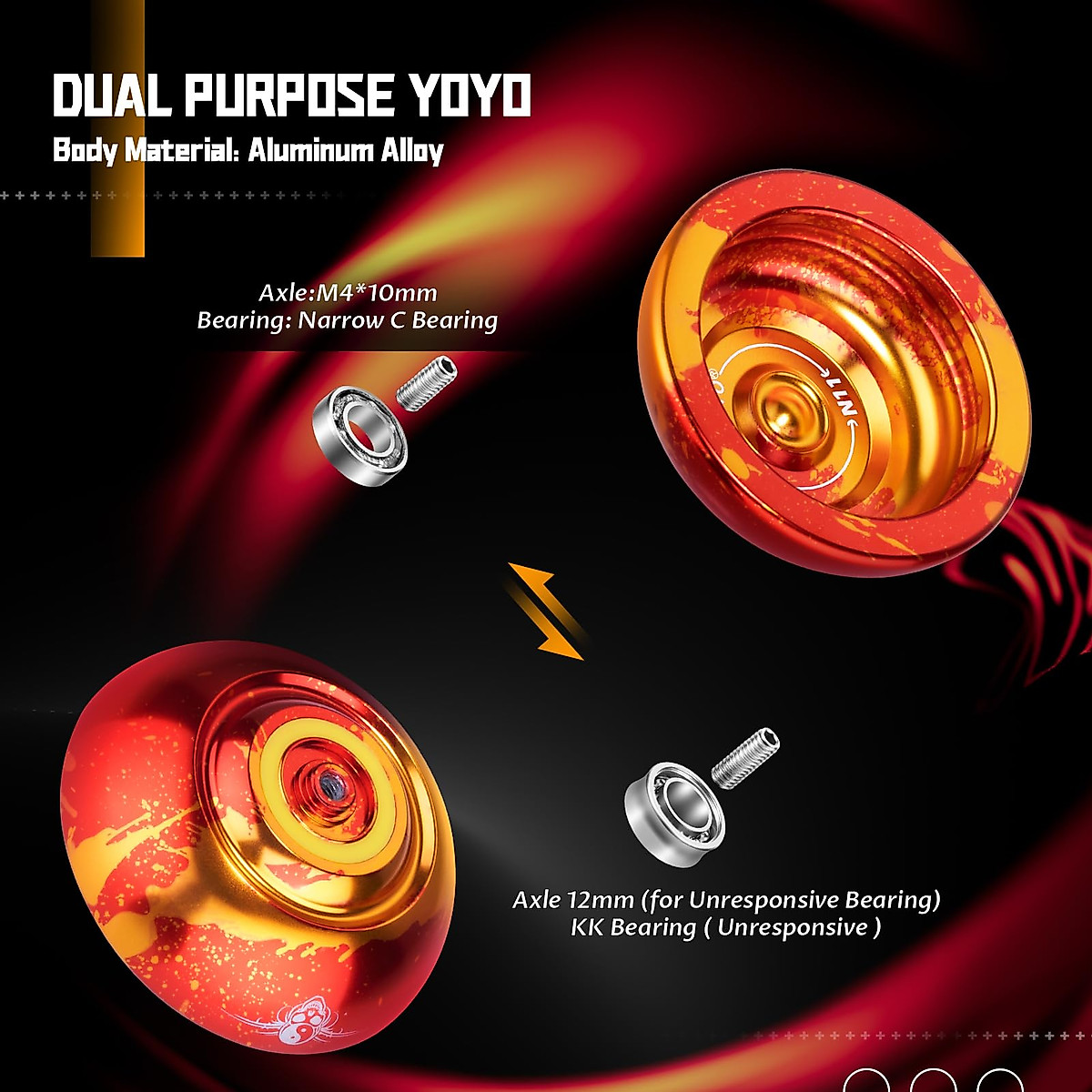 MAGICYOYO N11 Professional Unresponsive Yoyo for Kids, Pro Trick Yo Yo for Adults/Advanced, Dual Purpose Metal Yo-yo Replacement Responsive Yoyo Bearing + 12 Yo yo Strings + Storage Bag