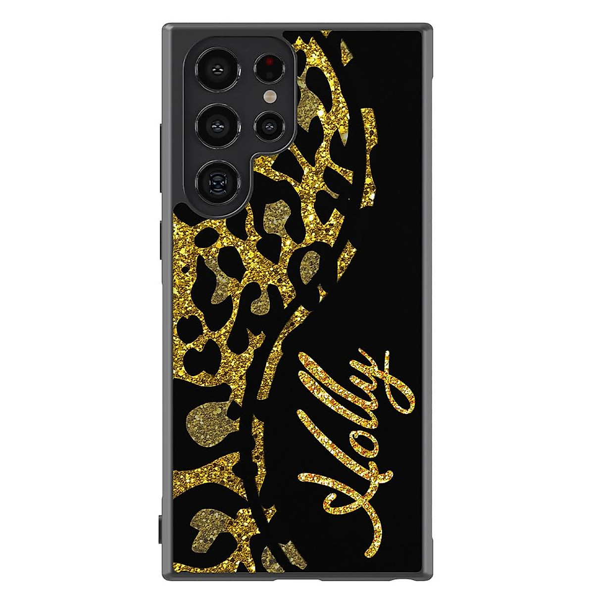 Leopard Gold Personalized Black Rubber Phone Case Compatible With Samsung Galaxy S25 S25+ S25 Ultra S24 S24+ S24 Ultra S24FE, S23 FE S23+ Ultra S22 S22+