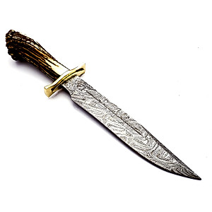 Skokie Knives Damascus Steel Bowie Knife Bull Horn Handle with & Brass Guard –16” Handmade Premium Quality Sharp Edge Fix Blade -Genuine Multipurpose Knife Ideal for Hunting, Camping (Stage B)