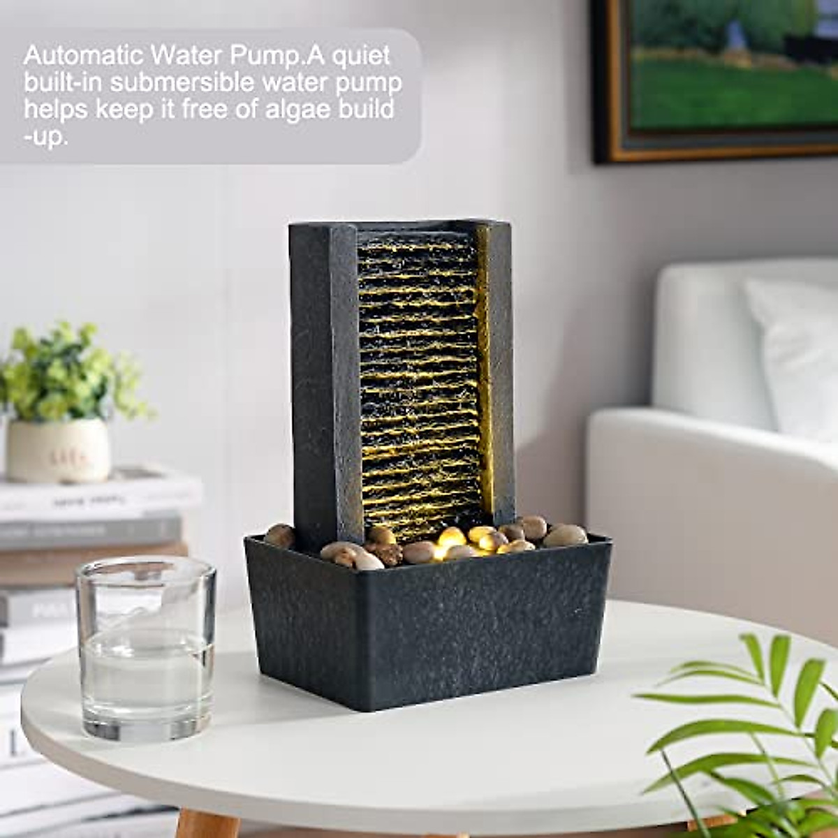 Haobos 10.4" Decorative Indoor Fountain Meditation Gurgling Water Fountain Home/Office Decor with Led Light/Cobbles(180041A)