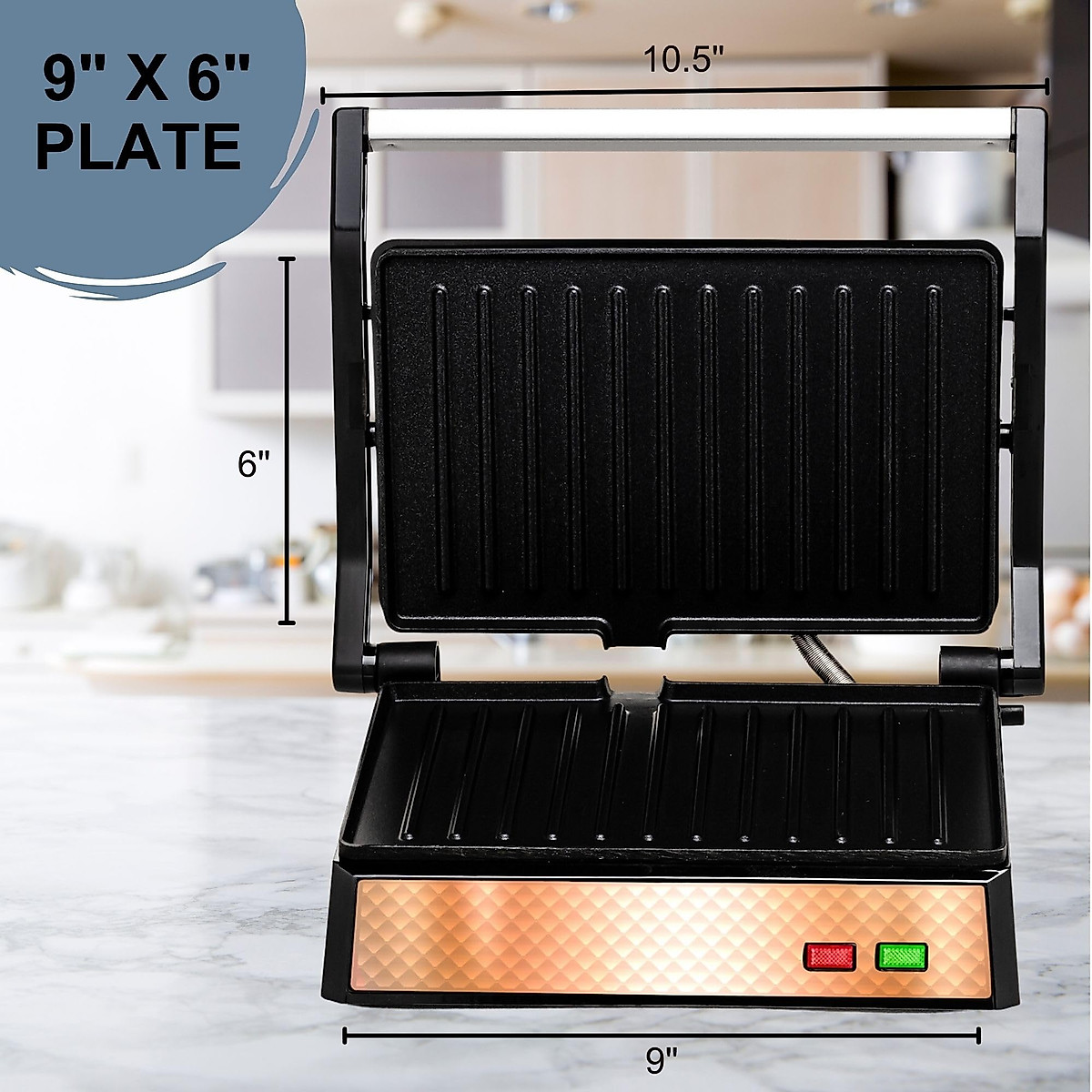 Ovente Electric Indoor Panini Press Grill with Non-Stick Cooking Plate, 1000W Thermostat Control and Removable Drip Tray for Easy Clean, Ideal 2-Slice Sandwich Maker for Breakfast, Copper GP0620CO