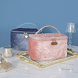 HOYOFO Velvet Makeup Bag with Handle Cosmetic Bags with Makeup Brush Holder Travel Make up Bag for Women, A Blue