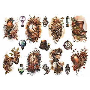 Steampunk Rice Paper, 11.5 x 16 inch - 17 Unique Steampunk Images Printed on 36gsm Mulberry Paper Visible Fibres for Decoupage Furniture Renovation Crafts.