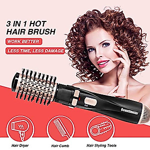BEAUTIMETER 1200W Hot Air Spin Brush Kit, 3 in 1 Hair Dryer and Styler, Negative Ionic Hair Care, Black & Gold