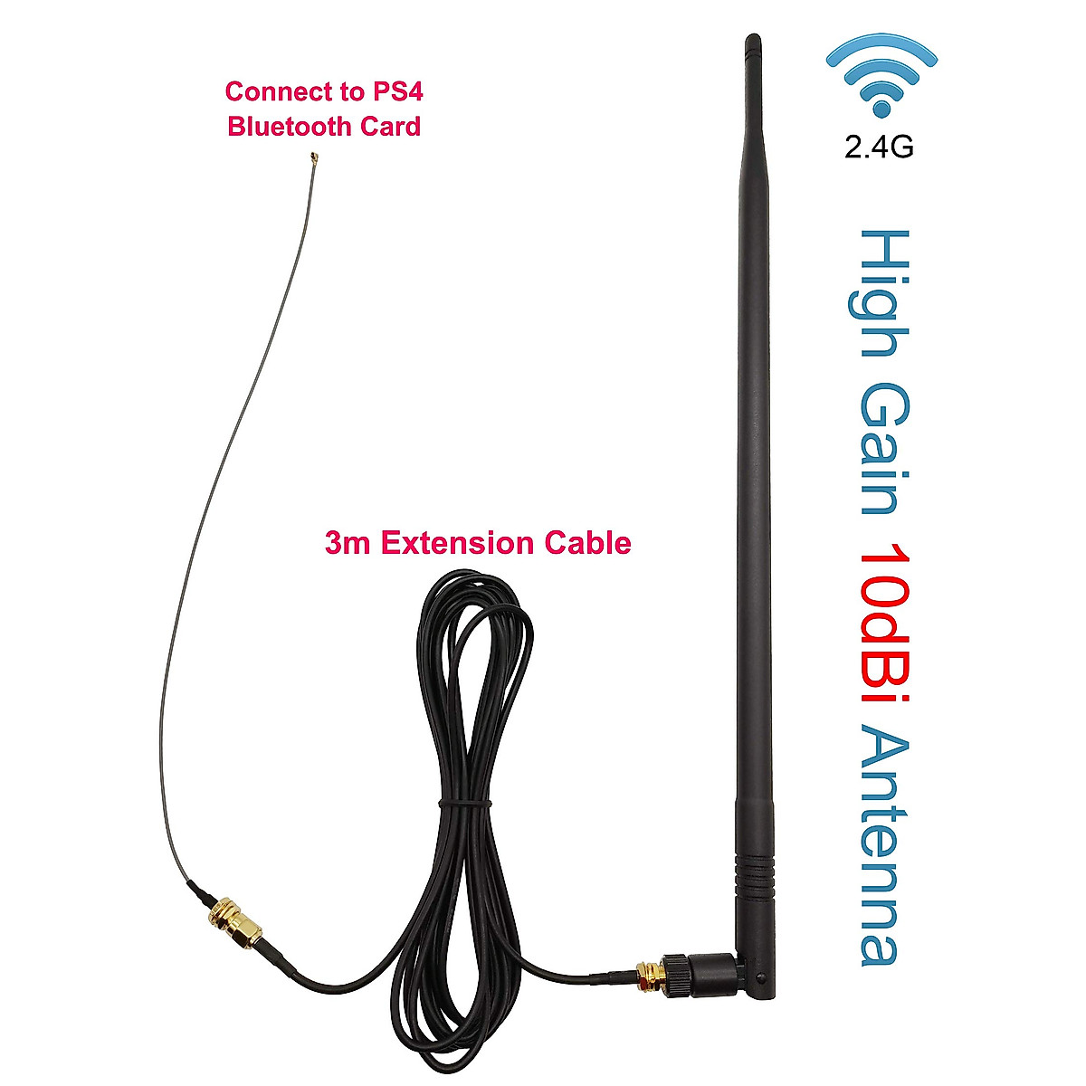 PS4 Antenna Upgrade Replacement Kit 10dBi 2.4GHz Long Range Extender BT WiFi Antenna + 10in U.FL to RP-SMA Cable for Mini PCIe Card + RP SMA Extension Cable 10ft