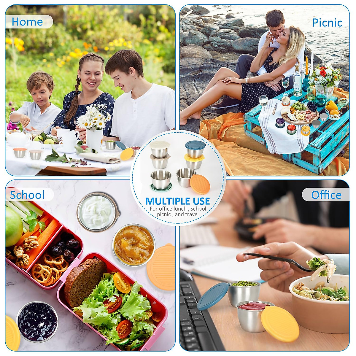 ZORGONS [6 Pack 1.7 oz Salad Dressing Container To Go - Small Condiment Containers with Lids, Reusable Stainless Steel Sauce Cups - Leakproof Silicone Lids for Lunch Bento Box, Picnic and Travel.