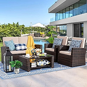 Shintenchi Outdoor Patio Furniture 4 Piece Set, Wicker Rattan Sectional Sofa Couch with Glass Coffee Table | Brown