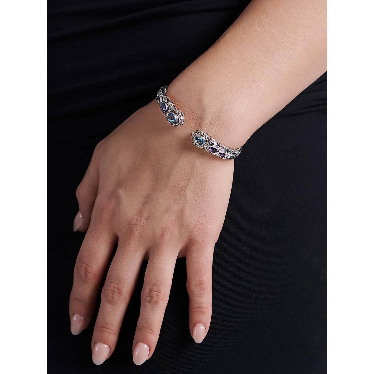 DEVATA Sterling Silver 925 and 18K Gold with Citrine Bali Filigree Cuff Bracelet DHK3226ACT (Size M)