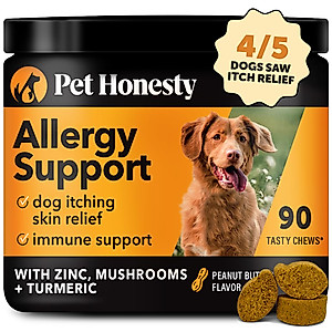 Pet Honesty Allergy Itch Relief for Dogs - Dog Allergy Support Immunity Supplement - Dog Allergy Chews, Probiotics for Dogs, Seasonal Allergies, Skin and Coat Supplement - Peanut Butter (90ct)