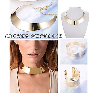 HANPABUM Women Gold Tone Choker Necklace and Cuff Bangle Bracelet Jewelry Set Exaggerated Punk Style (A:Gold Tone)