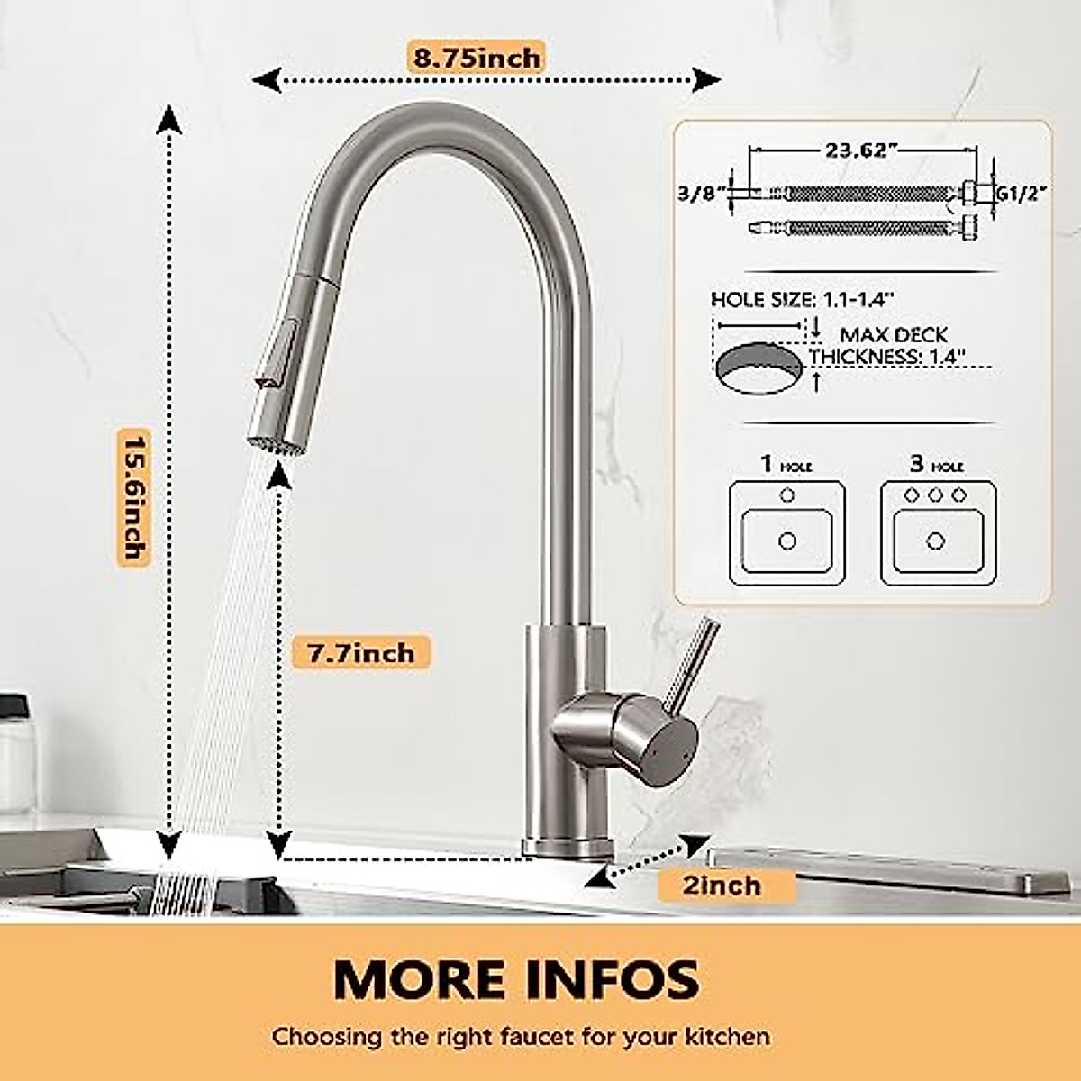 SATICO Single One Hole Single Handle Kitchen Faucet Brushed Nickel Faucet with Pull Down Sprayer Sink Faucet F80105BN Modern Contemporary Faucet in Stainless Steel & Brass cUPC NSF CEC Certified