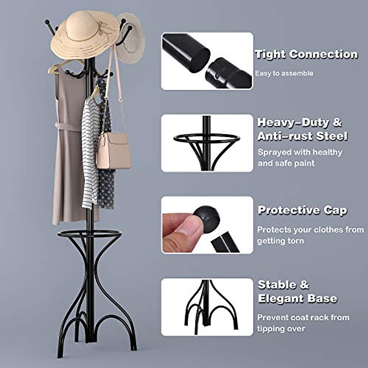 Tangkula Coat Rack Freestanding, 75 Inch Heavy Duty Metal Coat Hanger Stand with Umbrella Holder, Entryway Hat Jacket Hanger with 12 Hooks for Scarf Crutch Bag Coat, Standing Coat Tree Rack(Black 003)