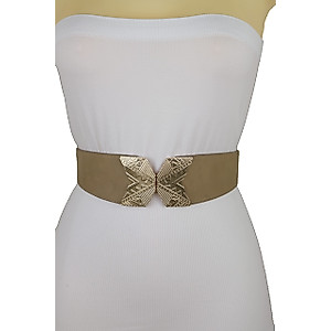 TrendyFashionJewelry Women Fashion Elastic Wide Waistband Belt Hip High Waist X Shape Gold Metal Buckle S M Beige