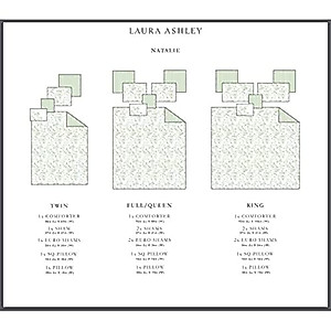 Laura Ashley Home - King Size Comforter Set, Reversible Cotton Bedding, Includes Matching Shams with Bonus Euro Shams & Throw Pillows (Natalie Sage/Off White, King)