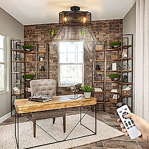 SADENICEL Farmhouse Low Profile Caged Ceiling Fan with Lights Remote Control,17 Inch Industrial Bedroom Ceiling Fan, Bladeless Ceiling Fan with Lights for Kitchen, Bedroom, Dining Room