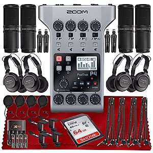 Zoom PodTrak P4 Portable Multitrack Podcast Recorder, Audio Interface w/ 4 Mic Inputs, 4 Headphone Outputs + 4x Zoom ZDM-1PMP 4 Headphones, Microphones stands & cables, 64GB SDXC, Boom arms and more