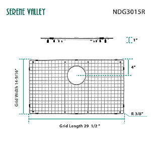 Serene Valley Sink Bottom Grid 29-1/2" X 14-9/16", Rear Drain with Corner Radius 3/8", Sink Protector NDG3015R