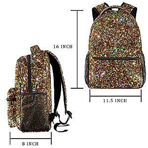 Student Backpack Boys Girls School Bag 16inch Laptop Backpack Gold Glam Faux Glitter Backpack Bag Travel Camping Casual Daypack Bag for Men Women