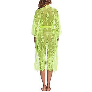 Avidlove Women Sexy Long Lace Lingerie Kimono Robe Sheer Babydoll Nightgown Nightdress Lemon Yellow