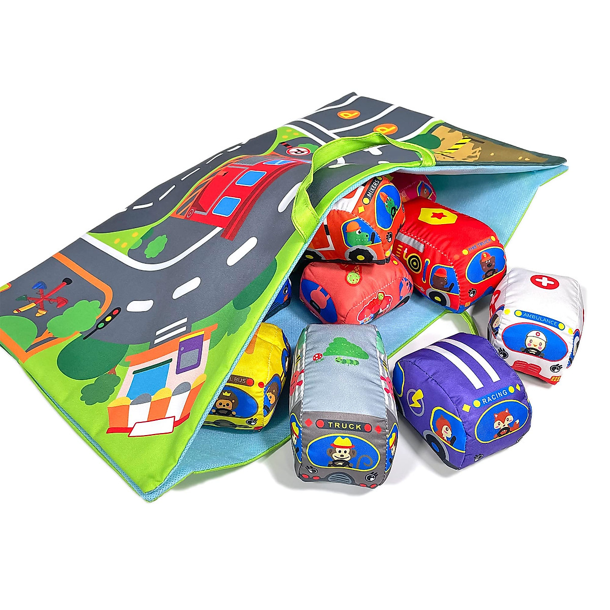 Soft Car Toy Set with Play Mat for 1 Year Old Baby, 10 Vehicle, 1 Play Mat Storage Bag, Baby Toys 12-18 Months, Early Educational Toys Birthday Gift, Toys for 1 2 3 Year Old Toddlers Boys Girls
