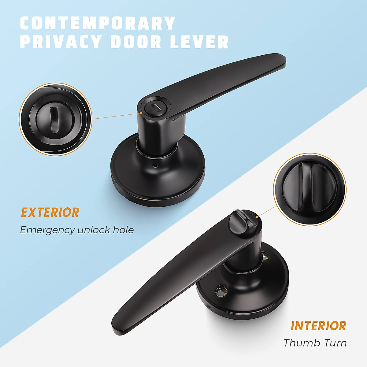 KNOBWELL 6 Pack Door Handles Black Inside Bedroom Door Knobs with Straight Lever, Interior Door Handle for Privacy Use(Lock with NO Key)