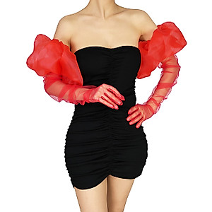 XXDingbs Super Puff Sheer Long Gloves Oversize Tulle Mesh Gloves for Cocktail Opera Party Gloves with Ruffle Long Sleeve Red